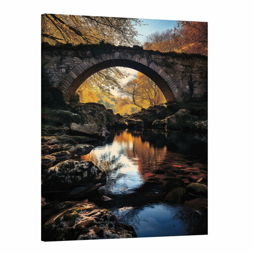 Интерьерная картина 50х70 "Пейзаж с каменным мостом и рекой"