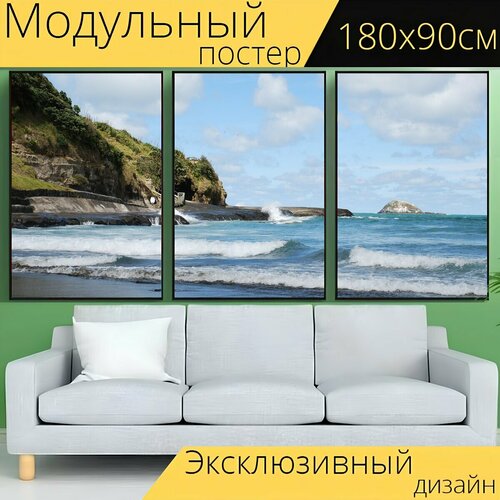 Модульный постер "Пляж, новая зеландия, море" 180 x 90 см. для интерьера