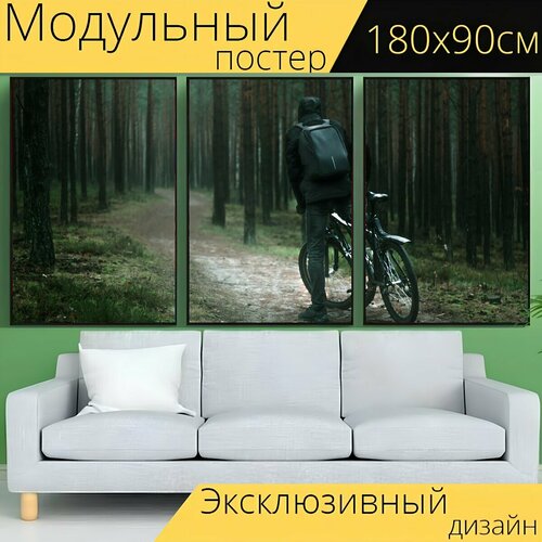 Модульный постер "Велосипед, лес, кататься на велосипеде" 180 x 90 см. для интерьера