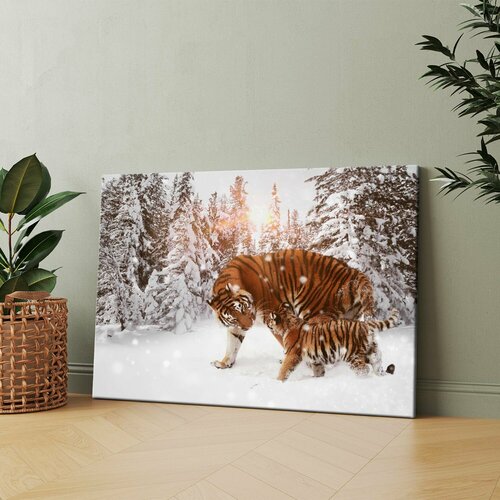 Картина на холсте (Амурский тигр зимой) 50x70 см. Интерьерная, на стену.