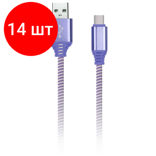Комплект 14 шт, Кабель Smartbuy iK-3112NS, USB2.0 (A) - Type C, в оплетке, 2A output, 1м, фиолетовый