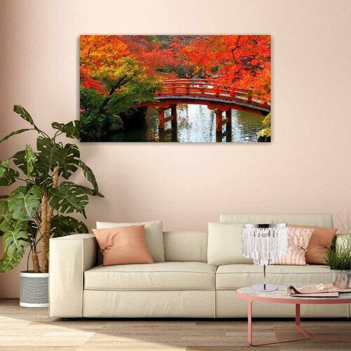 Картина на холсте 60x110 LinxOne "Деревья пруд осень япония киото" интерьерная для дома / на стену / на кухню / с подрамником