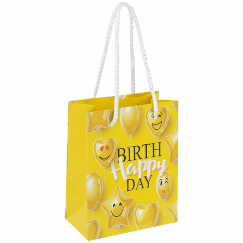 Пакет подарочный (1 штука) 11x6x15 см, золотая сказка "Happy Birthday", глиттер, желтый, 608237, 12 штук, 608237