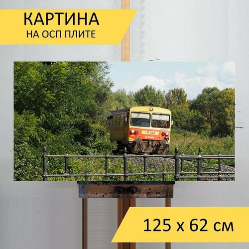 Картина на ОСП 125х62 см. "Поезд, железнодорожные, транспорт" горизонтальная, для интерьера, с креплениями