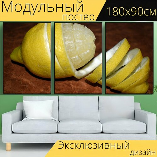 Модульный постер "Лимон, желтый, фрукты" 180 x 90 см. для интерьера