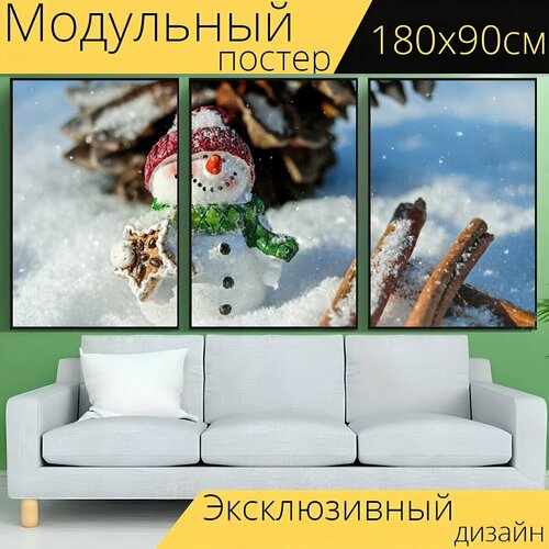 Модульный постер "Снеговик, снег, рождество" 180 x 90 см. для интерьера