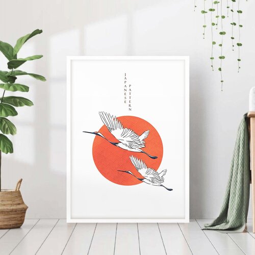 Постер "Журавли в японском стиле" 40 на 50 в белой рамке / Картина для интерьера / Плакат / Постер на стену / Интерьерные картины