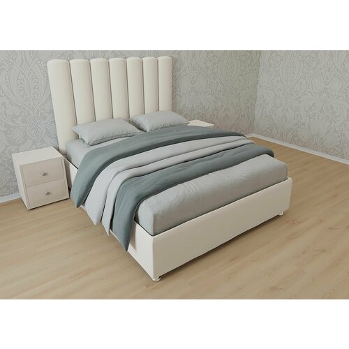 Двуспальная кровать Женева Нью 200x200 основание металлическое с ламелями велюр белый ножки 5 см