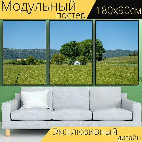 Модульный постер "Пшеница, дом, ферма" 180 x 90 см. для интерьера