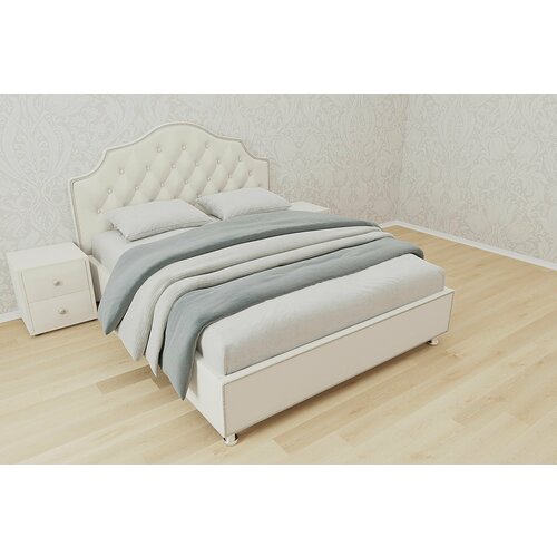 Двуспальная кровать Мария с кареткой 140x200 основание металлическое с ламелями велюр белый без ножек