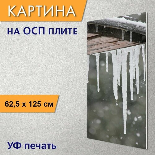 Вертикальная картина на ОСП "Сосулька, зима, лед" 62x125 см. для интерьериа