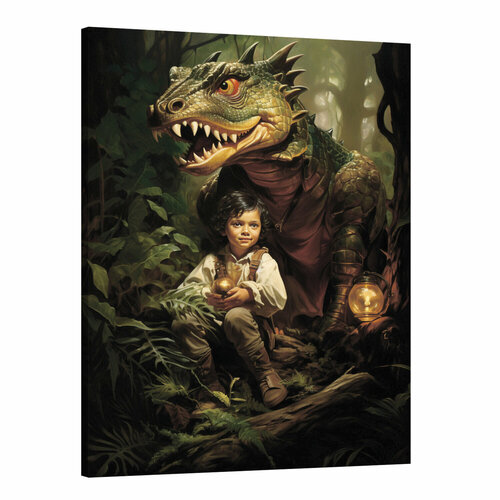 Интерьерная картина 50х70 "Волшебство деревянного дракона: загадочная встреча"