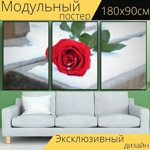 Модульный постер "Красная роза на скамейке, зима, романтичный" 180 x 90 см. для интерьера
