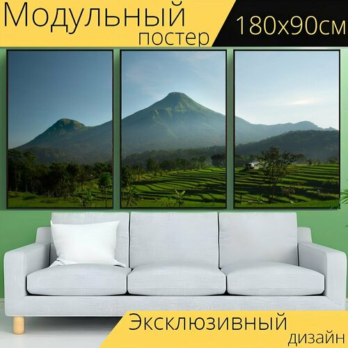 Модульный постер "Рисовые поля, горы, рисовые террасы" 180 x 90 см. для интерьера