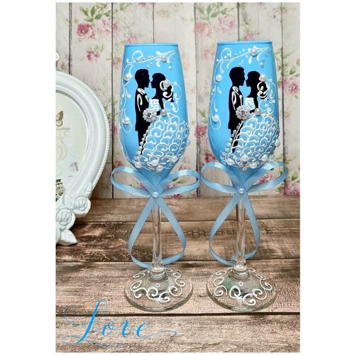 Свадебные бокалы "Нежность"в голубом цвете с силуэтами молодоженов/ фужеры для шампанского/бокалы молодоженов/бокалы на свадьбу/набор бокалов