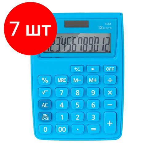 Комплект 7 штук, Калькулятор карманный Deli E1122, 12-р, дв. пит, 120х86мм, голубой