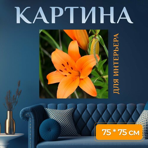 Картина на холсте "Апельсин, лилия, лилии" на подрамнике 75х75 см. для интерьера