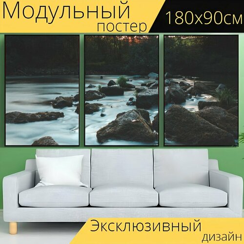Модульный постер "Река, брук, лесное хозяйство" 180 x 90 см. для интерьера