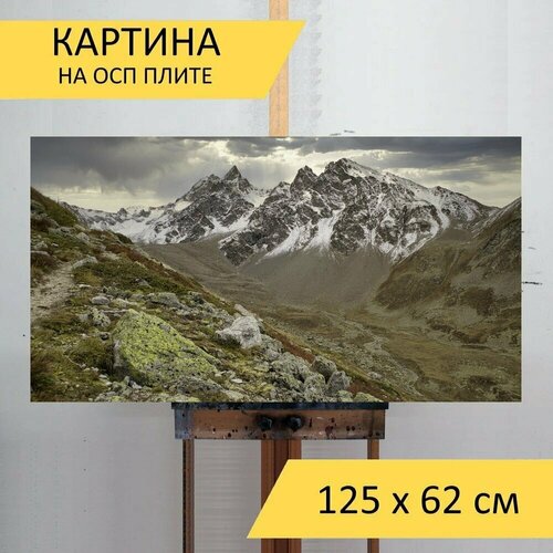 Картина на ОСП 125х62 см. "Альпийский, горы, пеший туризм" горизонтальная, для интерьера, с креплениями