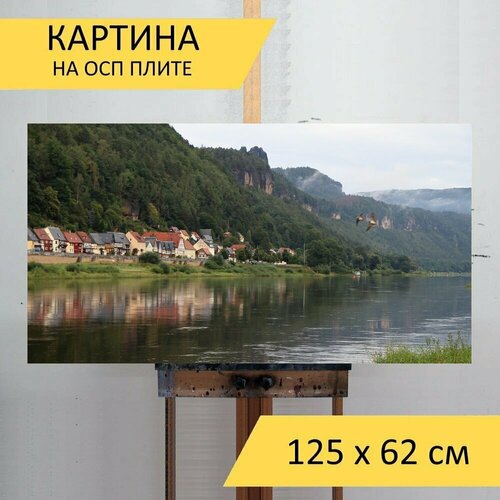 Картина на ОСП 125х62 см. "Дома, река, морской берег" горизонтальная, для интерьера, с креплениями