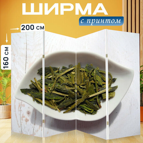 Ширма перегородка с принтом "Чайные листья, чай, зеленый чай" на холсте - 200x160 см. для зонирования, раскладная