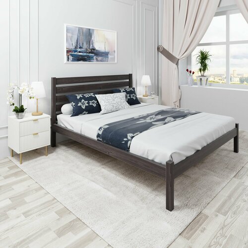 Кровать двуспальная Классика из массива сосны с высокой спинкой и реечным основанием, 190х140 см (габариты 200х150), цвет венге