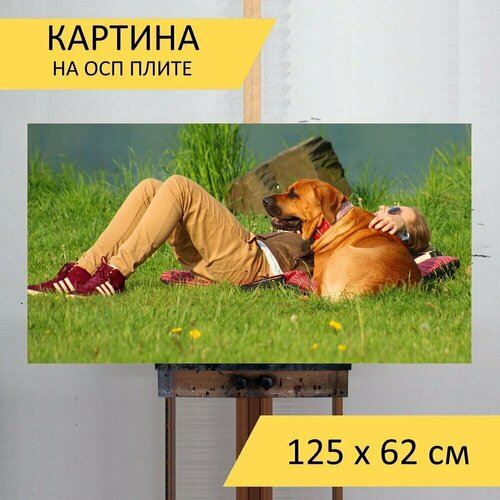 Картина на ОСП 125х62 см. "Собака, девочка, летом" горизонтальная, для интерьера, с креплениями