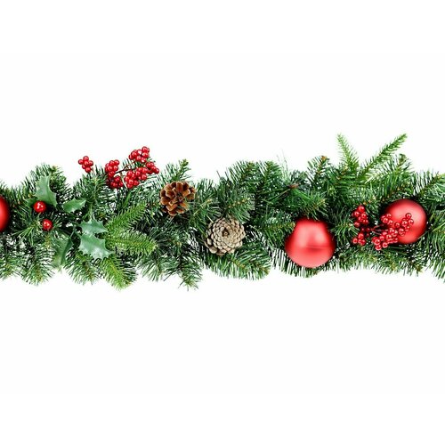 Хвойная гирлянда Victoria с шишками, ягодами и шариками, хвоя - PE+PVC, 180х30 см, A Perfect Christmas 31VICG180
