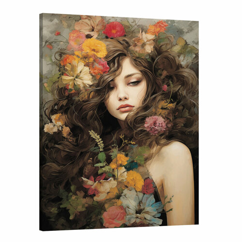Интерьерная картина 50х70 "Девушка и цветочный букет"