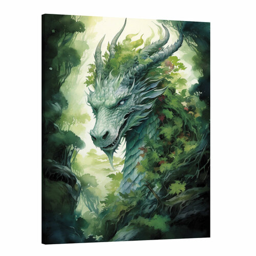 Интерьерная картина 50х70 "Зеленый дракон в загадочном лесу"