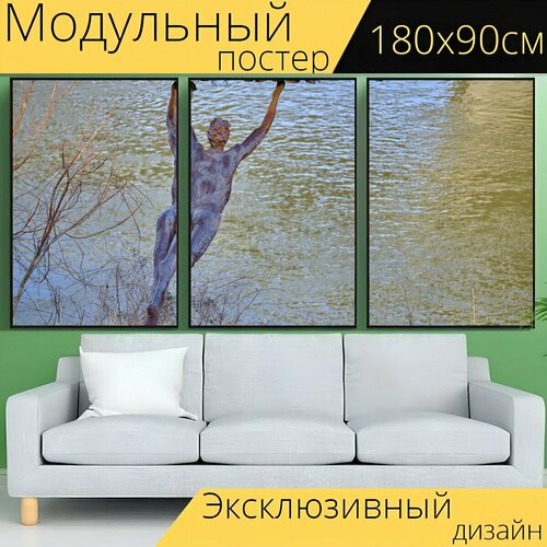 Модульный постер "Статуя, крылья, вода" 180 x 90 см. для интерьера