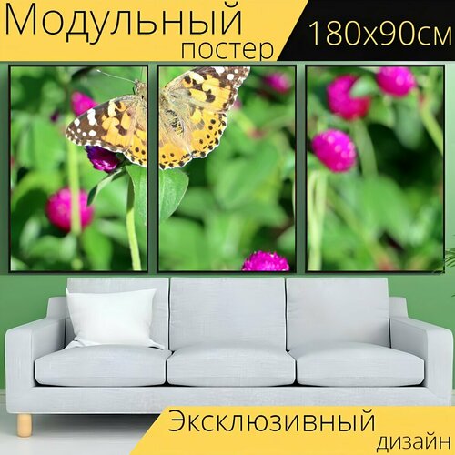 Модульный постер "Бабочка, цветы, трава" 180 x 90 см. для интерьера