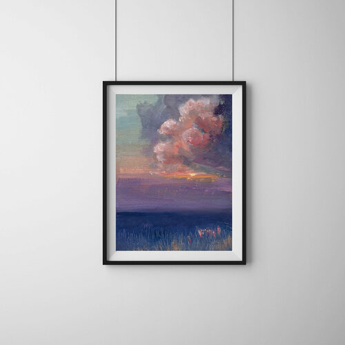 Купить картину пейзаж "Лиловый закат" гуашь на бумаге 12х17 см