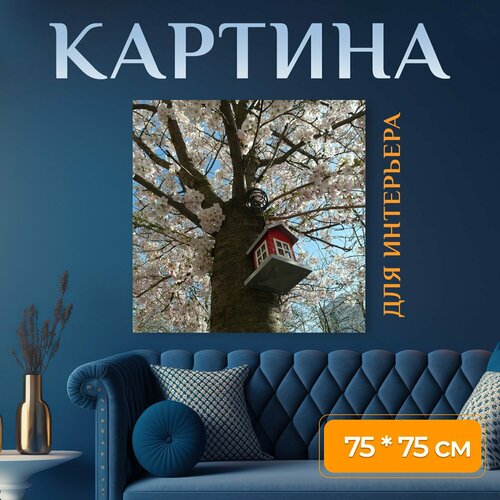 Картина на холсте "Дерево, скворечник, вишневое дерево" на подрамнике 75х75 см. для интерьера