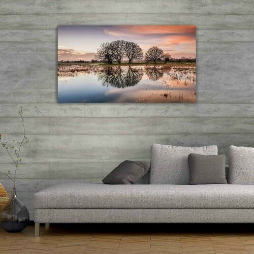 Картина на холсте 60x110 LinxOne "Деревья озеро рассвет отражение" интерьерная для дома / на стену / на кухню / с подрамником