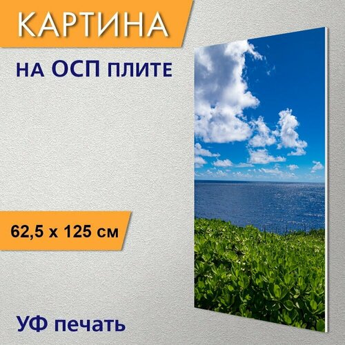 Вертикальная картина на ОСП "Море, горизонт, листва" 62x125 см. для интерьериа