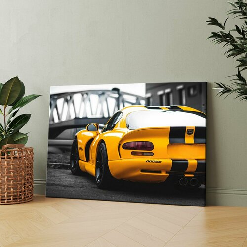 Картина на холсте (Желтая спортивная машина, припаркованная перед мостом) 60x80 см. Интерьерная, на стену.