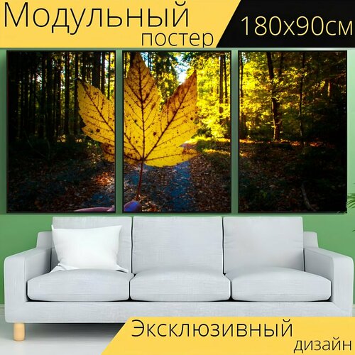Модульный постер "Падение, осенние листья, лес" 180 x 90 см. для интерьера