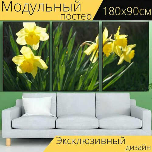 Модульный постер "Цветок, весна, пасхальный" 180 x 90 см. для интерьера