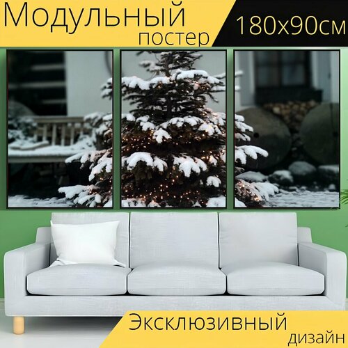 Модульный постер "Рождественская елка, снег, рождество" 180 x 90 см. для интерьера