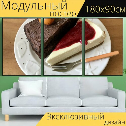 Модульный постер "Шоколадный торт, чизкейк, малиновым соусом" 180 x 90 см. для интерьера