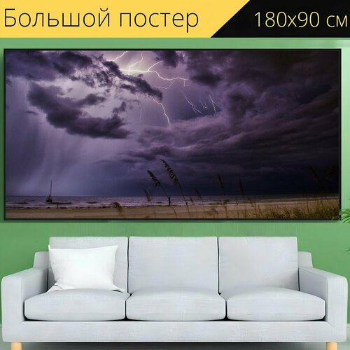 Большой постер "Гроза, молния, буря" 180 x 90 см. для интерьера