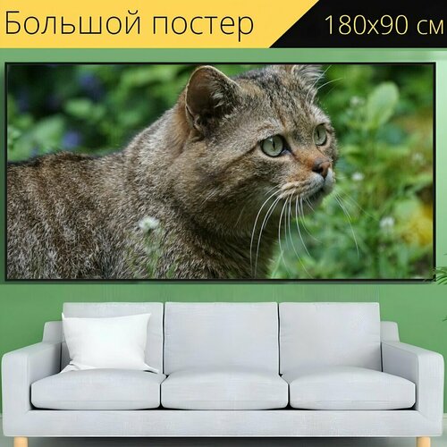 Большой постер "Дикий кот, лесной кот, хищник" 180 x 90 см. для интерьера
