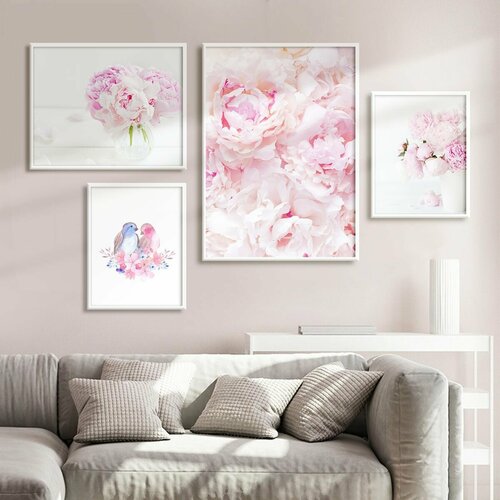 Набор постеров 4 шт "Розовые пионы для спальни" плакат для интерьера, картина на стену