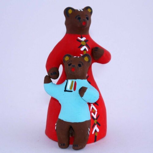 Медведица с медвежонком-3, Каргопольская глиняная игрушка, ручная авторская работа