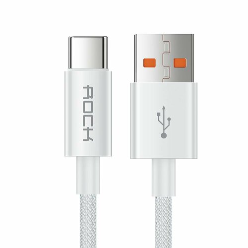 Кабель зарядный Rock USB-C to USB-A с быстрой передачей данных, в нейлоновой оплётке, 6A, 480 Mbps, поддержка Huawei SCP, 100 см. бело-серый