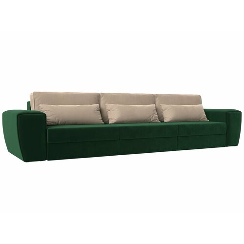 Прямой диван-кровать Лига-008 Long, Велюр зеленый, подушки бежевые