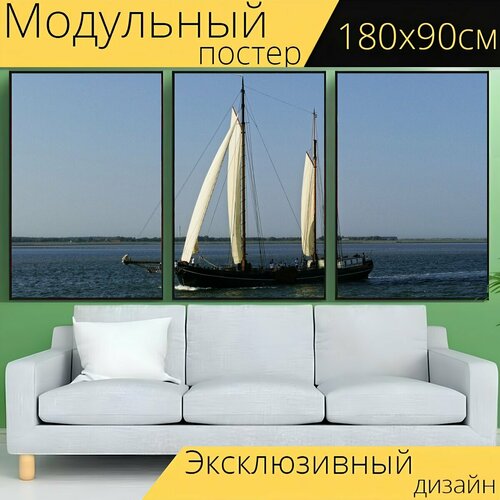 Модульный постер "Море, ватное море, парусная лодка" 180 x 90 см. для интерьера