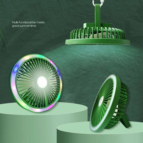 Вентилятор с подсветкой и фонарем, настольный, подвесной, вентилятор-ночник, 3 скорости, с питанием от USB, зеленый
