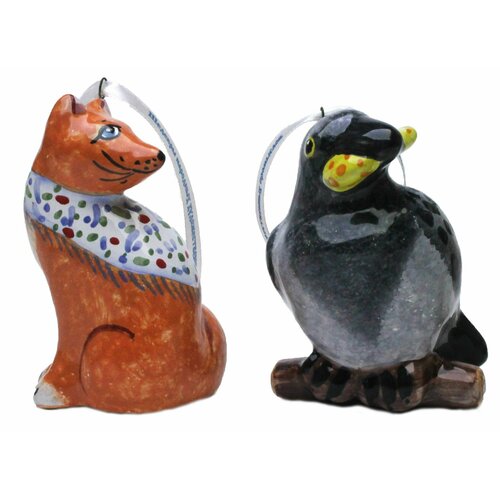 Ворона и лисица 2 штуки в картонной коробке Набор керамических елочных игрушек украшений цветная коллекция